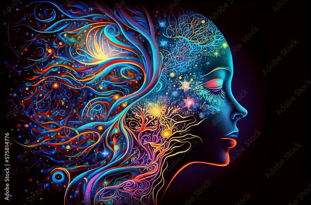 Young woman's face in interstellar light against empty black outer ...