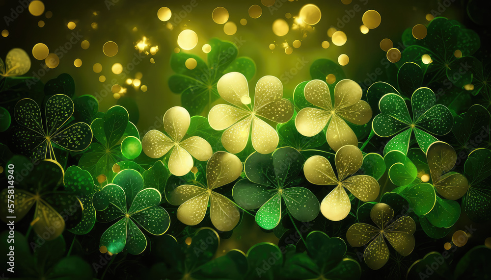 Festive Green And Golden Background With Shining Clover Shamrocks