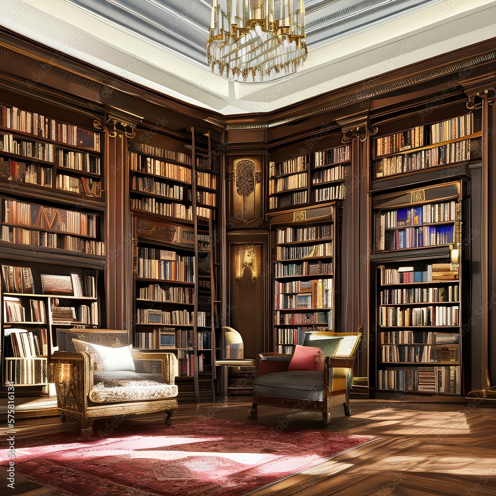 18. A home library with a ladder, a comfortable chair, and floor-to ...
