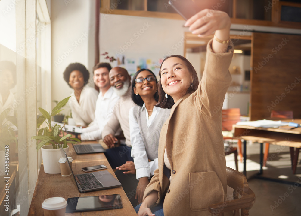 Selfie, friends and social media with a business team working in a ...
