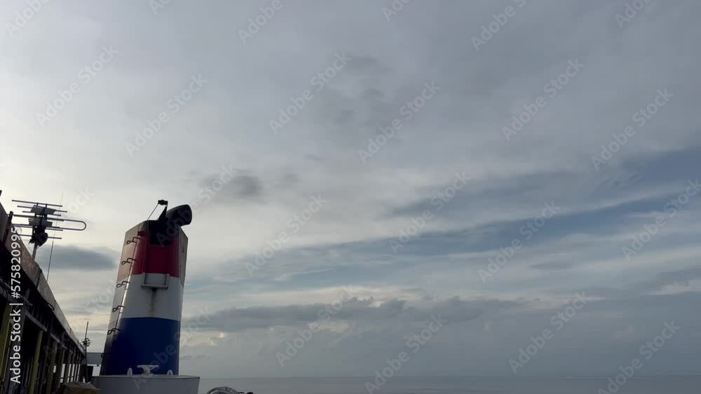 Smoke from huge cargo ship, exhaust gas emissions, Marine diesel engine ...