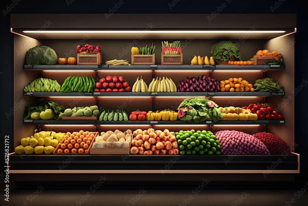 Vibrant produce on display in a modern supermarket. Fresh fruits and ...