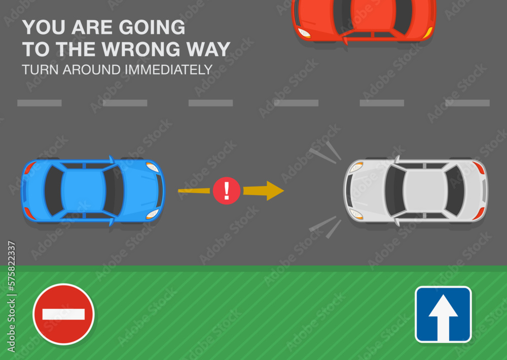 Safe driving tips and traffic regulation rules. "One way" and "No entry ...