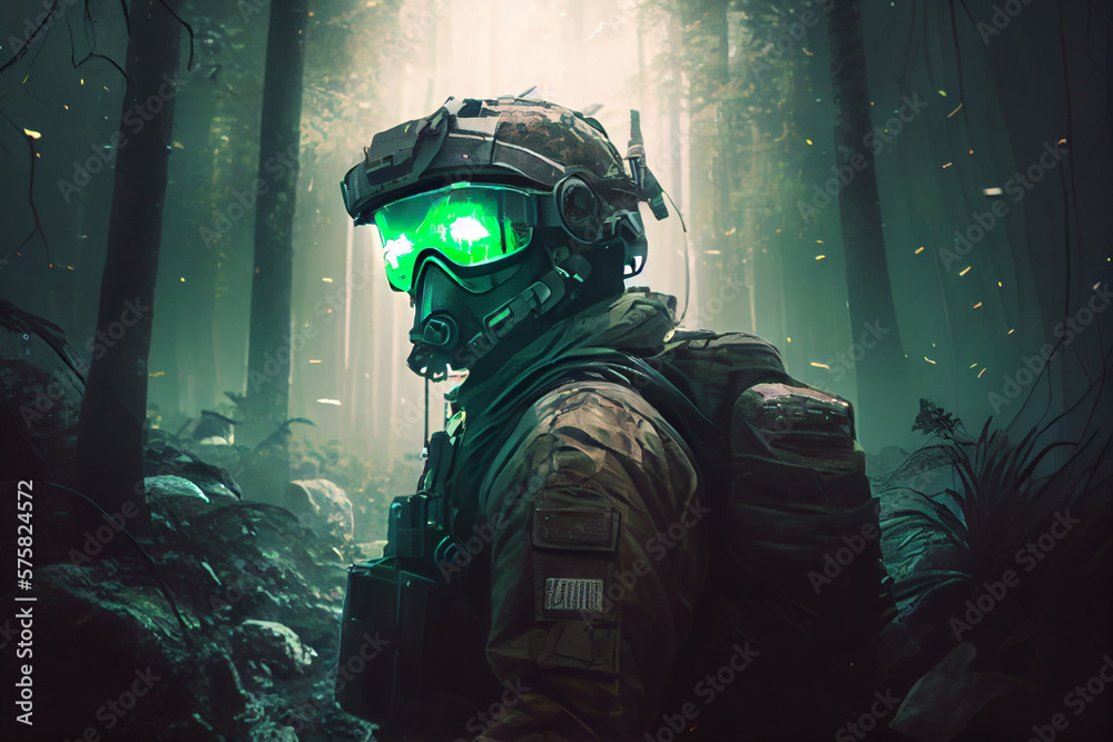 Military commando with night vision in the woods, generative art Stock ...