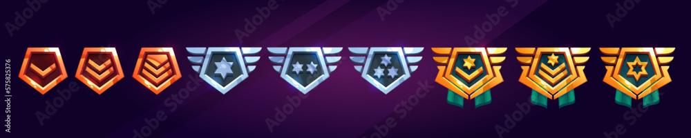 Set of cartoon military game rank badges. Vector illustration of bronze ...