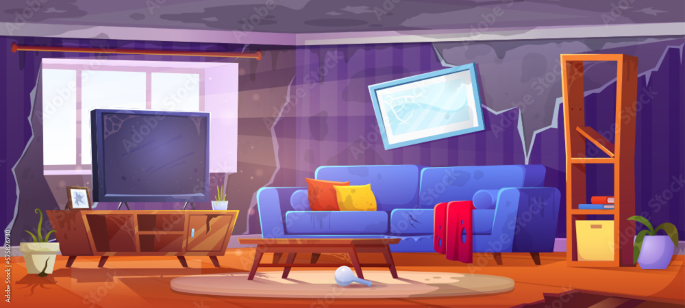 Abandoned messy living room interior with dirty sofa cartoon vector ...