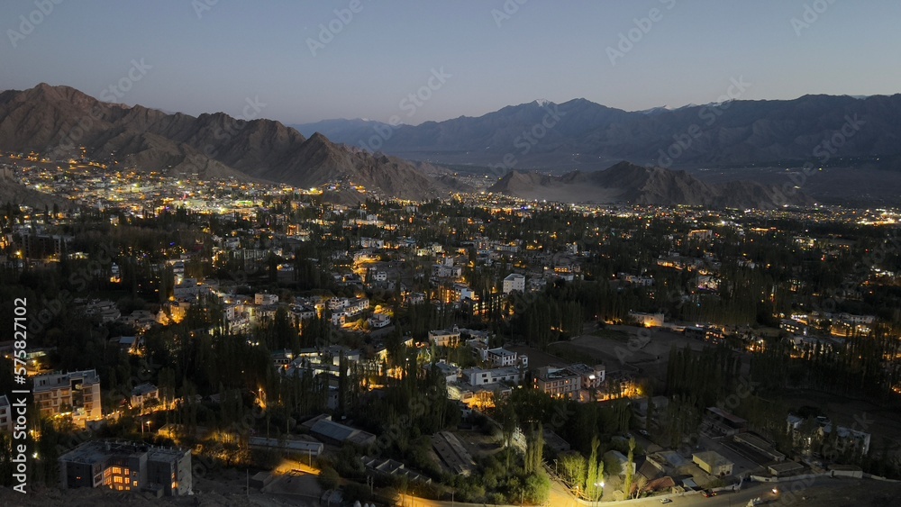Leh Ladakh at night. Leh Ladakh is the capital and largest town of ...
