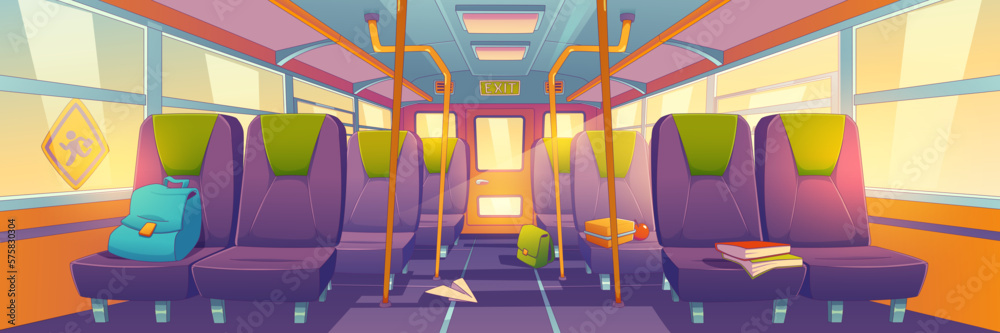 Plakat Empty school bus interior with book on seat vector cartoon ...
