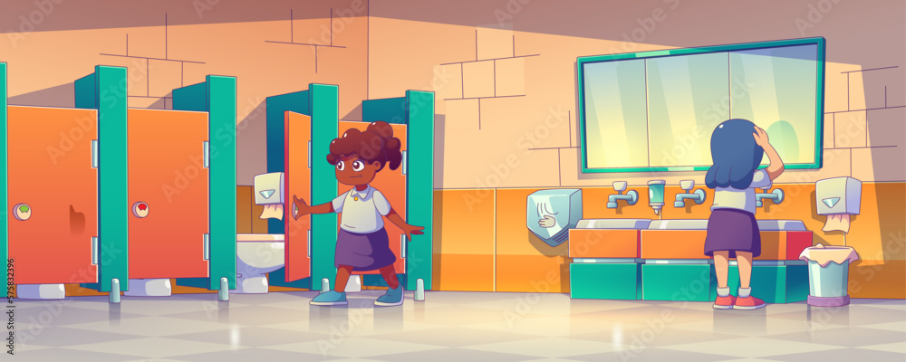 Happy schoolgirls using school toilet. Vector illustration of ...