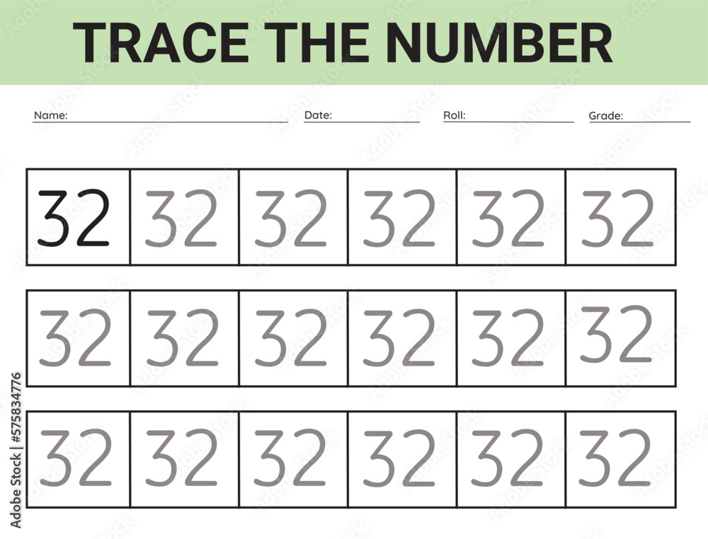 Vetor do Stock: Number 32. card for kids learning to count and to write ...