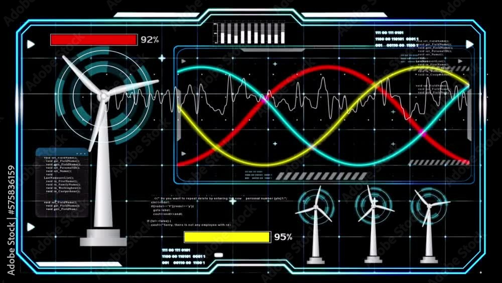 Vidéo Stock Real-time status graphic interface for wind generators. HUD hologram, displaying a ...