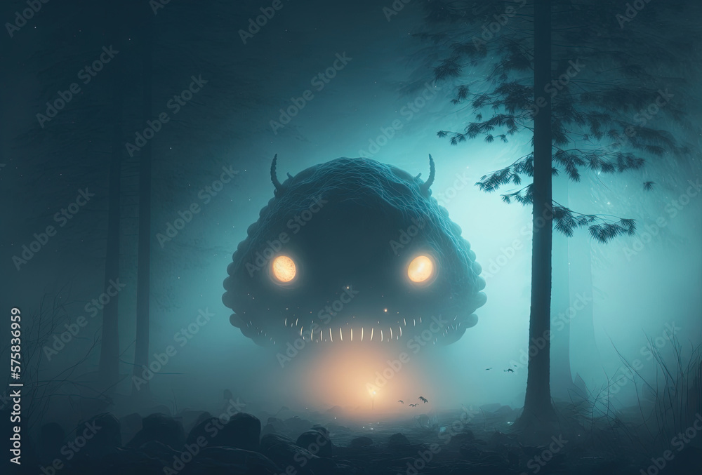 Scary alien monster in the misty night forest. The creepy silhouette of ...
