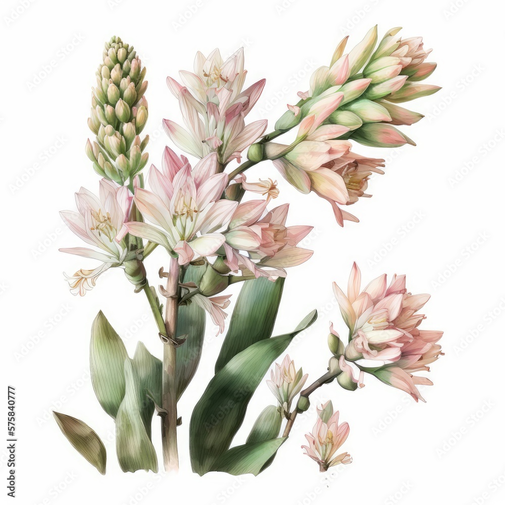 Watercolor Tuberose Flower Floral Clipart, Isolated on White Background ...