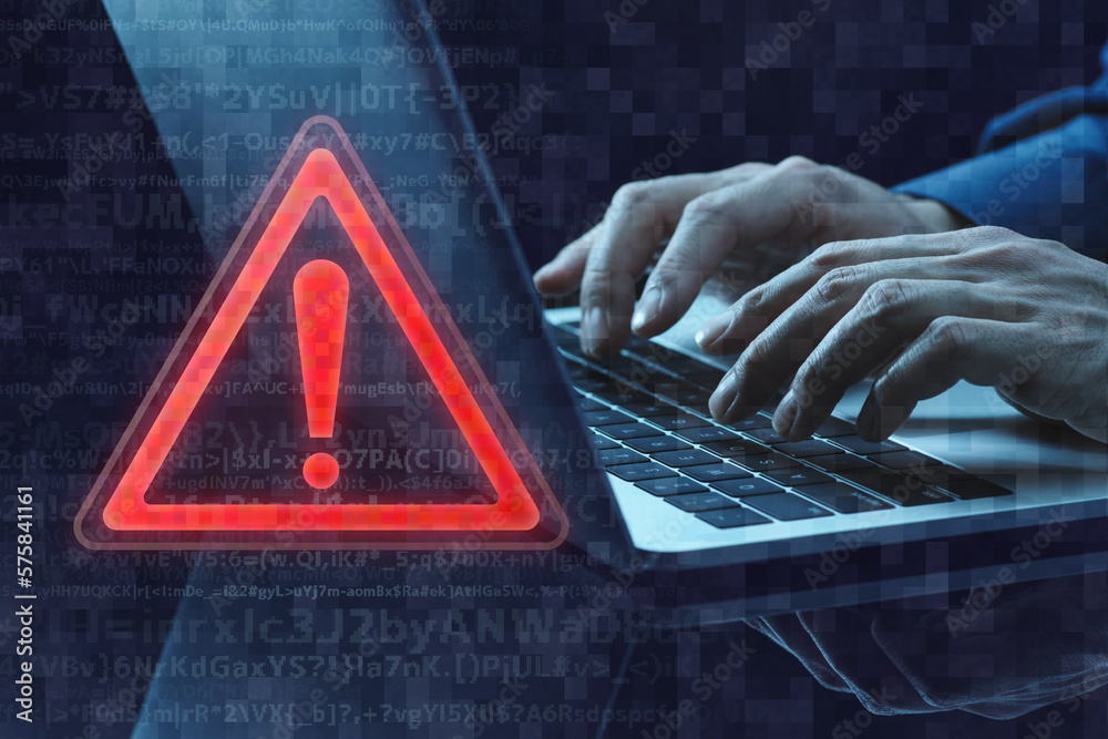 Security alert of computer. Exclamation icon and laptop. Close up of ...