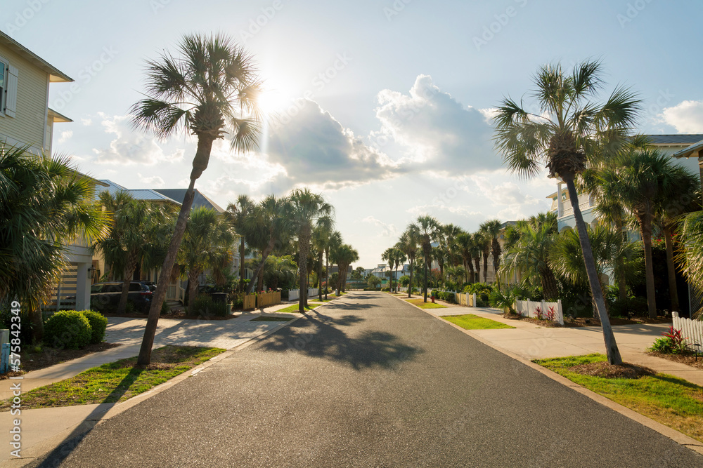 Destin, Florida- Street in a residential area with sidewalks along the ...