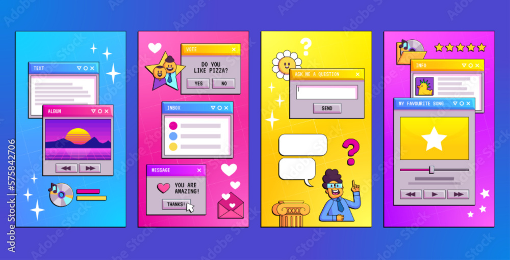 Retro story design template with computer message window cartoon vector ...