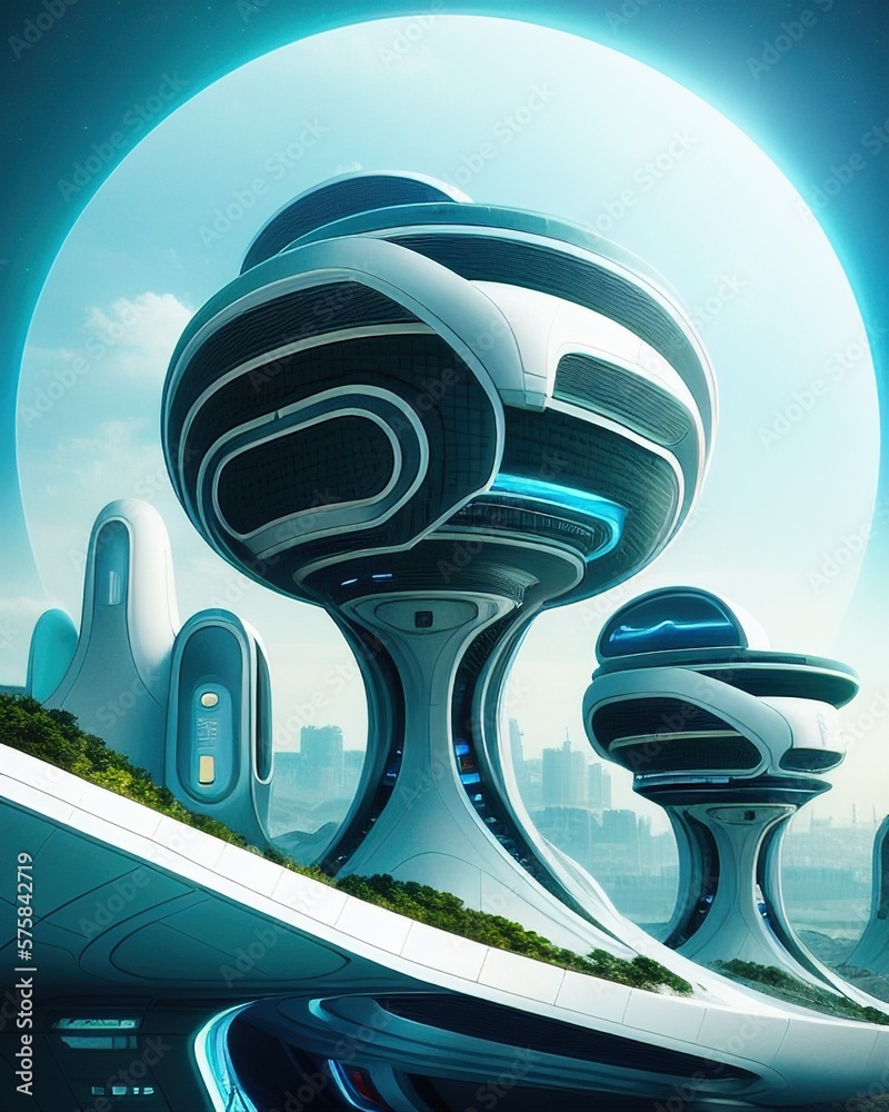 Futuristic spherical shaped building supported by a conical base on an ...