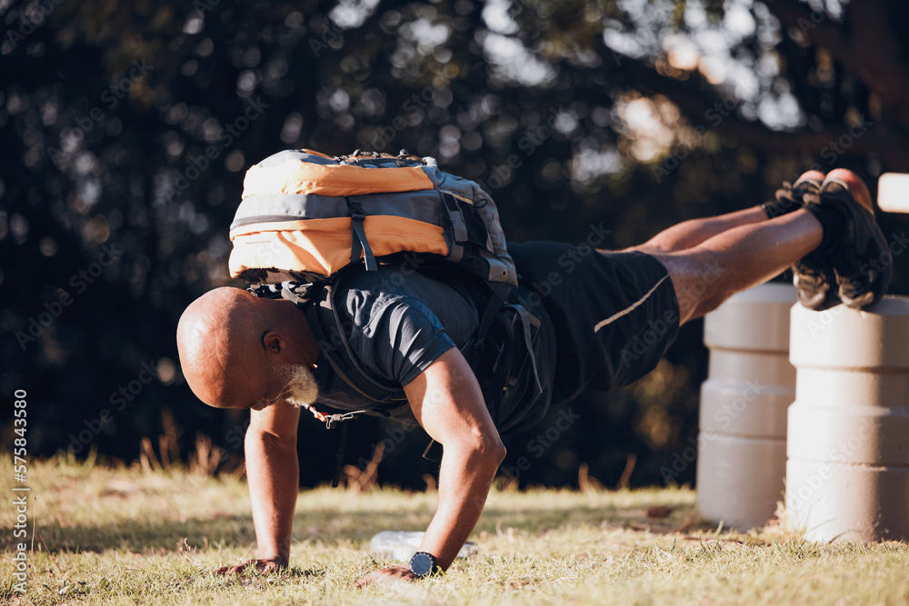 Pushup, strong and black man at a fitness bootcamp for exercise ...