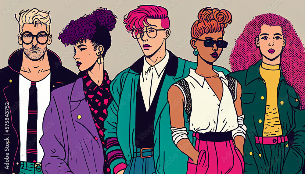 People in poses, wearing 1990s clothes in fashion. Created with ...
