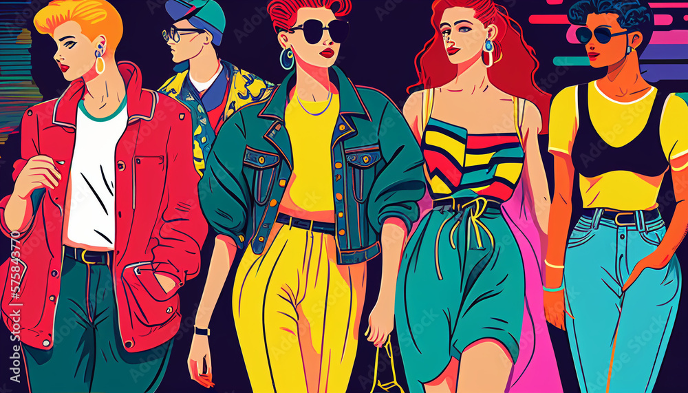 Models in colorful clothes, wearing 1990s fashion styles. Created with ...