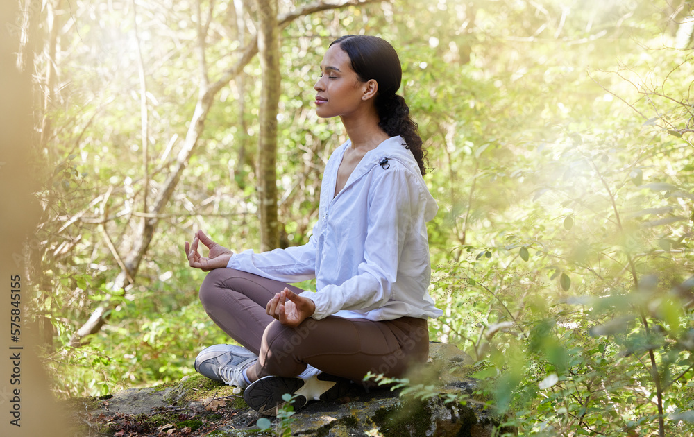 Zen, meditation and woman in nature or forest calm in peace, spiritual and doing yoga for ...