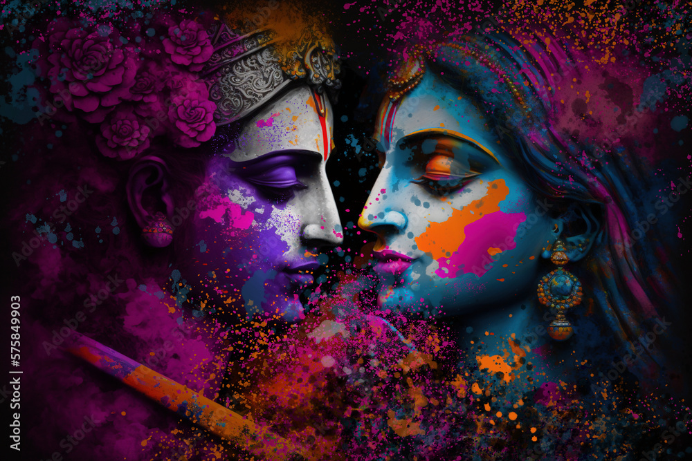 Hindu mythological couple Krishna and Radha in Holi festival concept ...