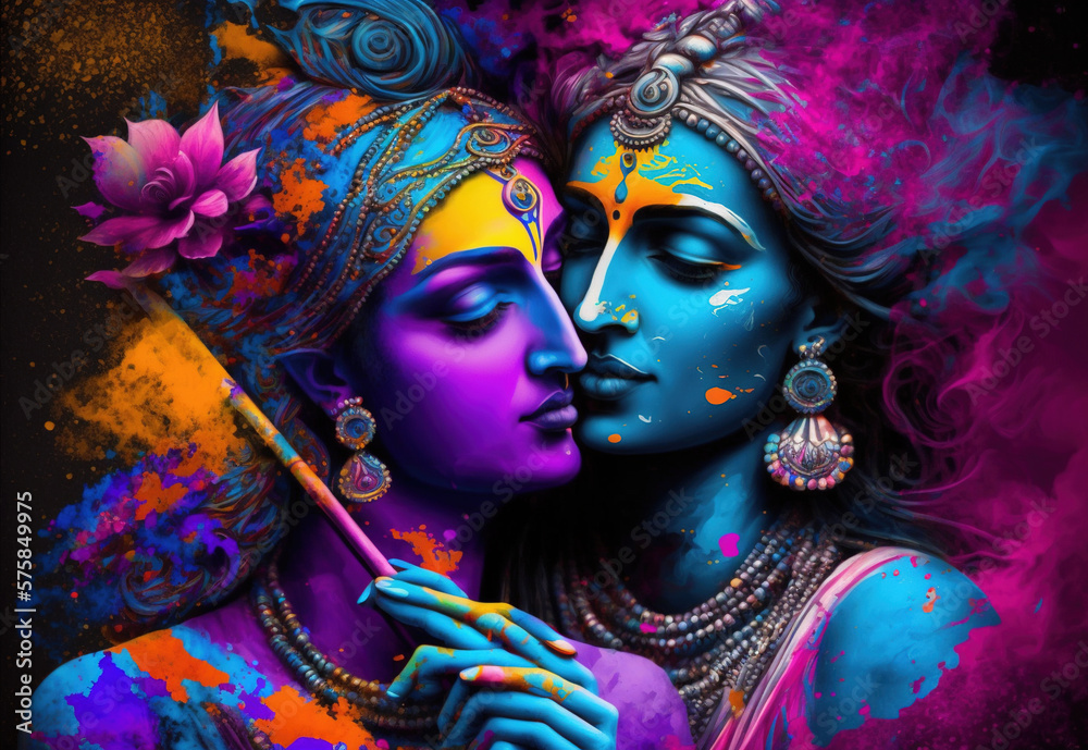 Hindu mythological couple Krishna and Radha in Holi festival concept ...