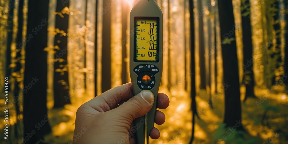 Person holding thermometer measuring temperature in forest, concept of ...