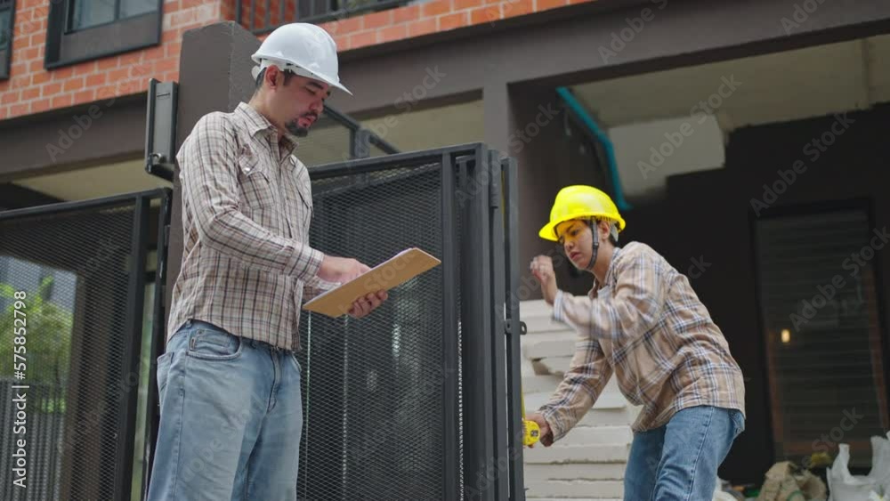 contractor and worker put on helmet for safety and talk with on ...