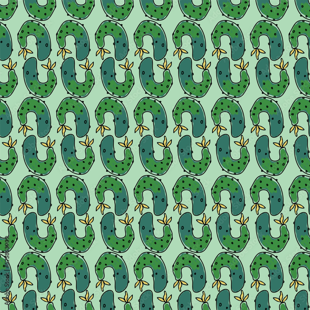 Curved cucumbers are placed hardly on a green background, seamless ...