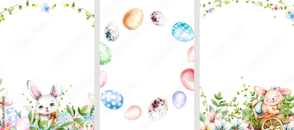 Watercolor set of frame designs with cute cartoon rabbits, spring ...