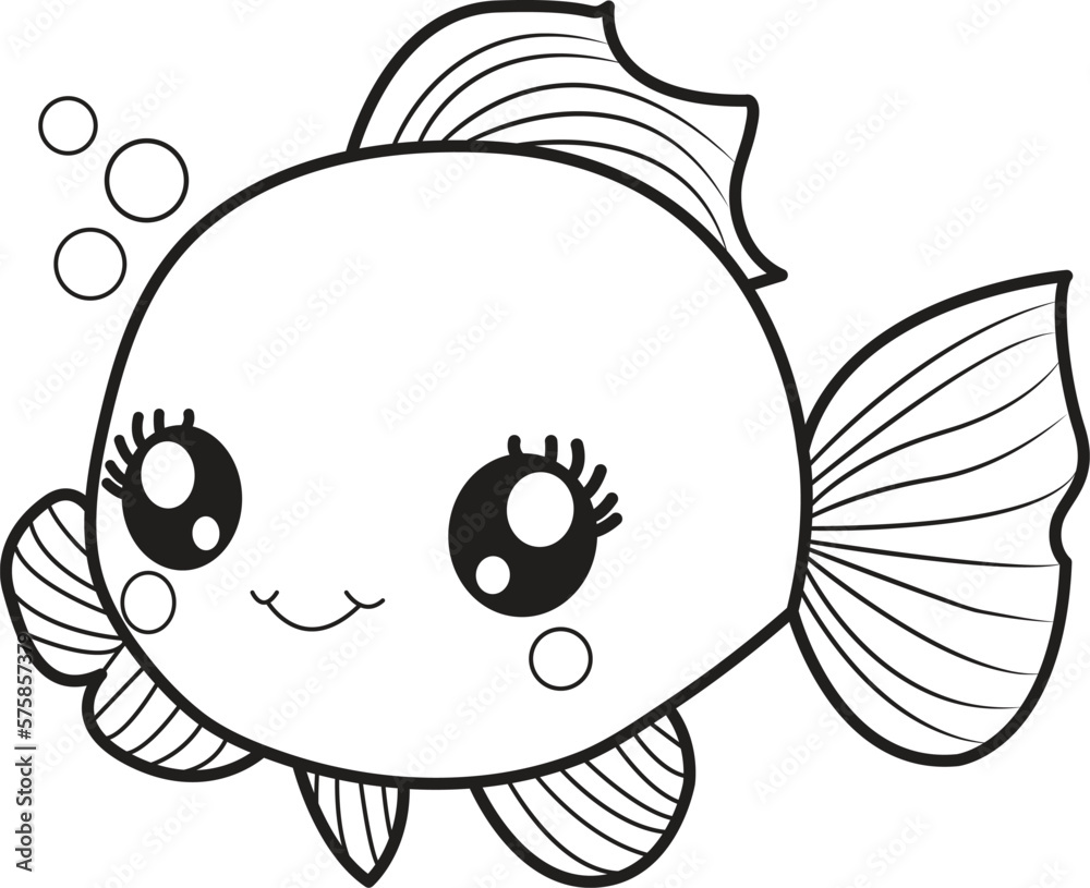 Cute Fish cartoon. Black and white lines. Coloring page for kids ...