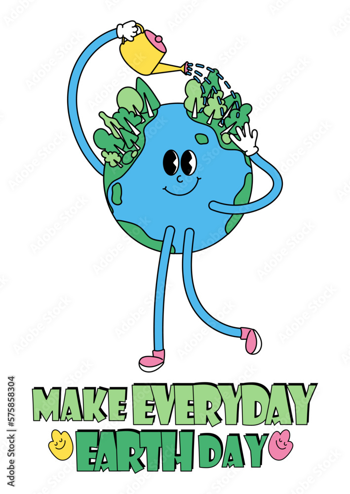 Earth day modern vintage and retro card with Earth globe character ...