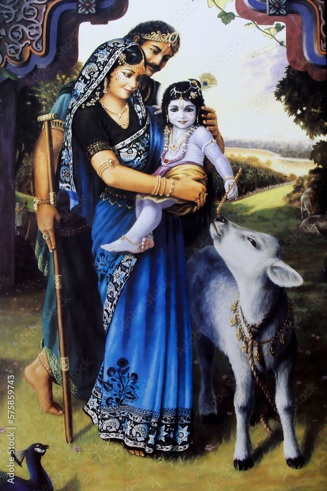 Painting depicting Hindu god Krishna as a baby with his foster parents ...