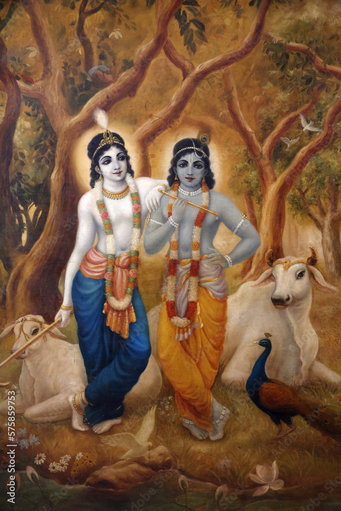 Painting depicting Hindu god Krishna standing next to his brother ...