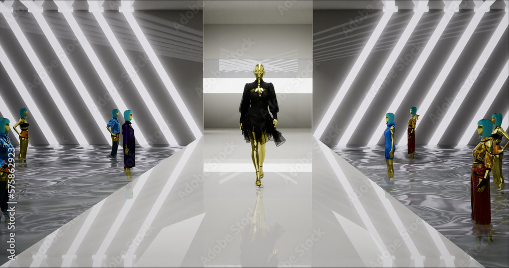 3D Fashion Show. The Virtual Female Model Walks Down the Runway ...