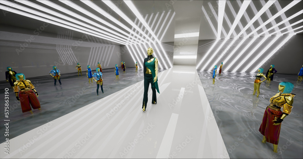 3D Fashion Show. The Virtual Female Model Walks Down the Runway. A ...