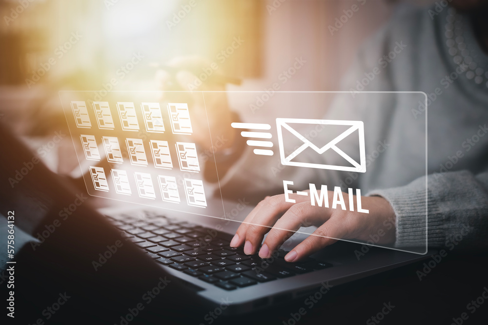 Foto de Business people using laptop with communication icons, letter ...