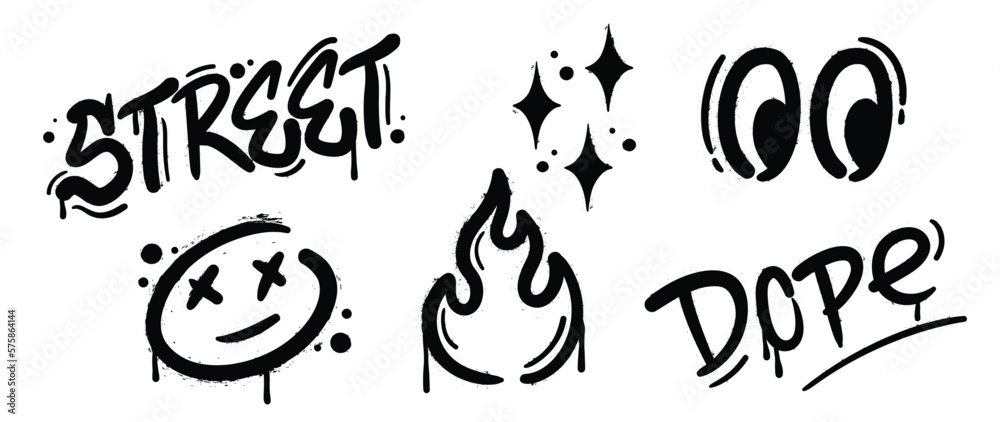 Set of graffiti spray paint vector. Black spray ink dripping texture ...