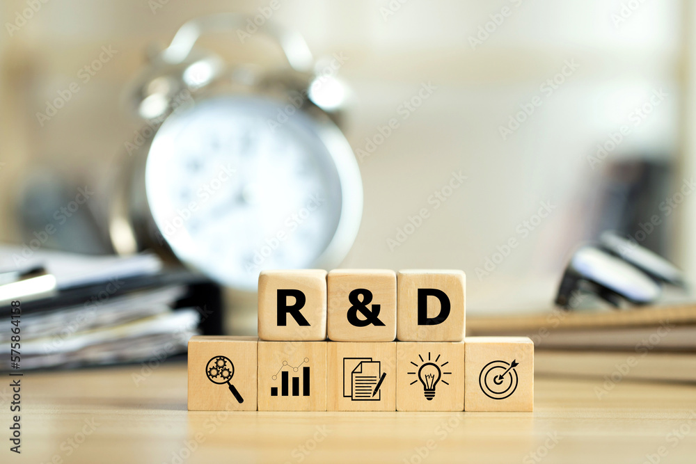 R and D letters and R&D icons on wooden cubes, Research and Development ...