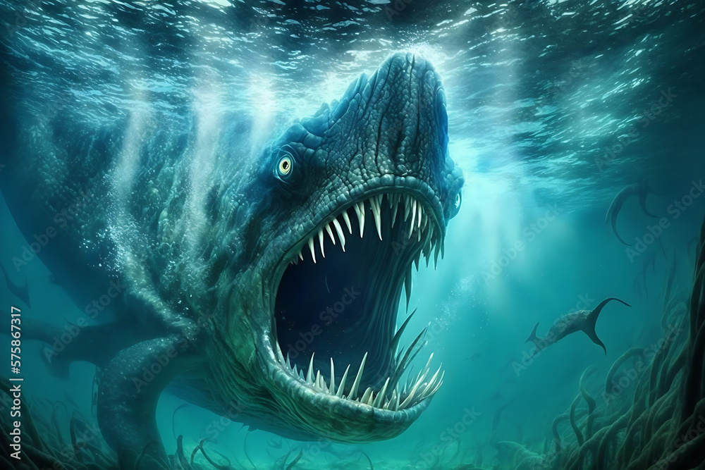 a fish with its mouth open in the water, scary sea monster, underwater ...