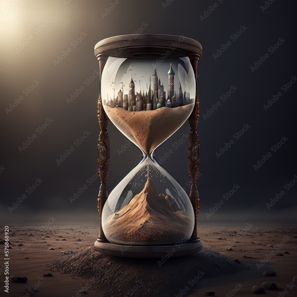 Hourglass with a city inside and apocalypse on the bottom with only ...