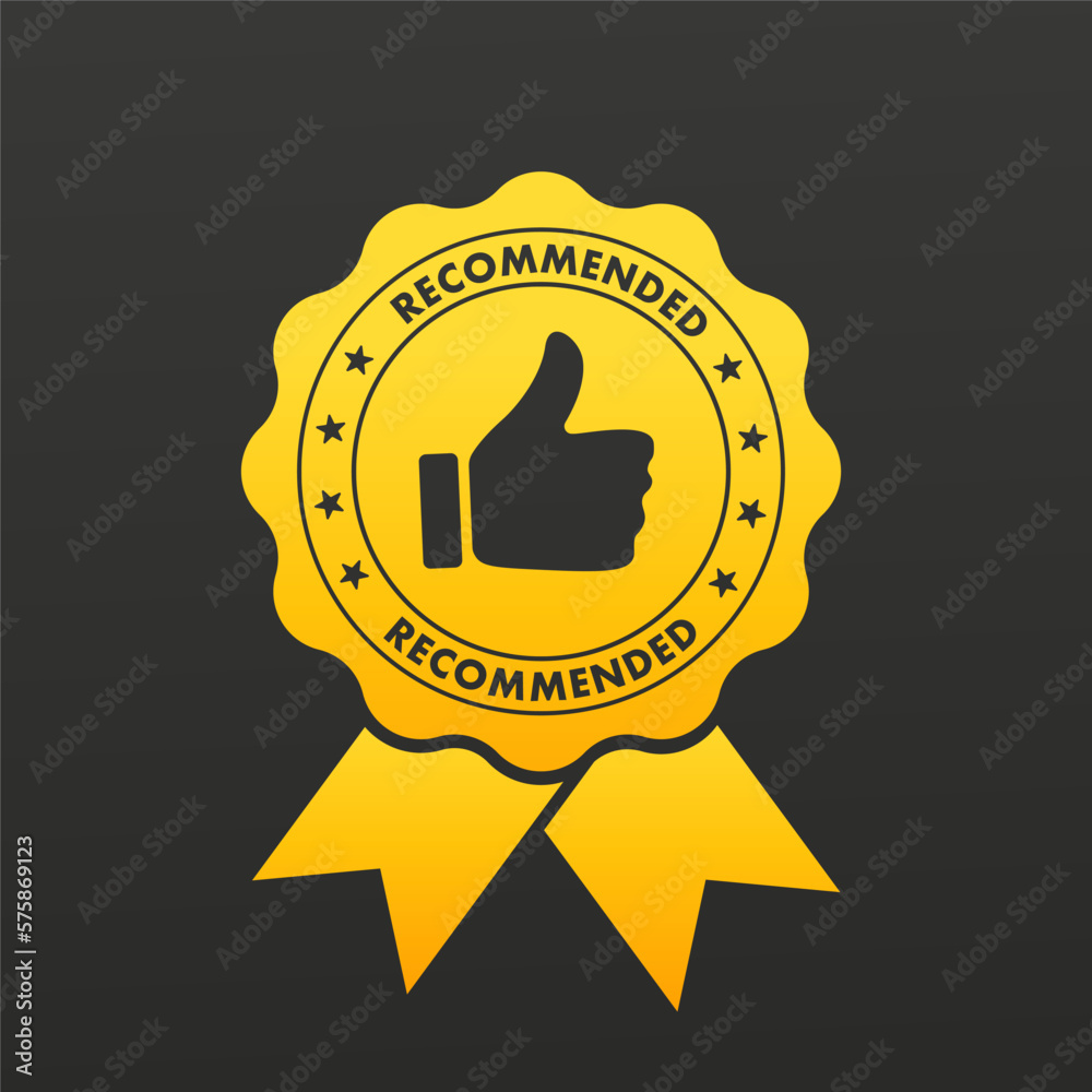 Gold embossed recommended sign ribbon thumbs up rubber isolated on ...