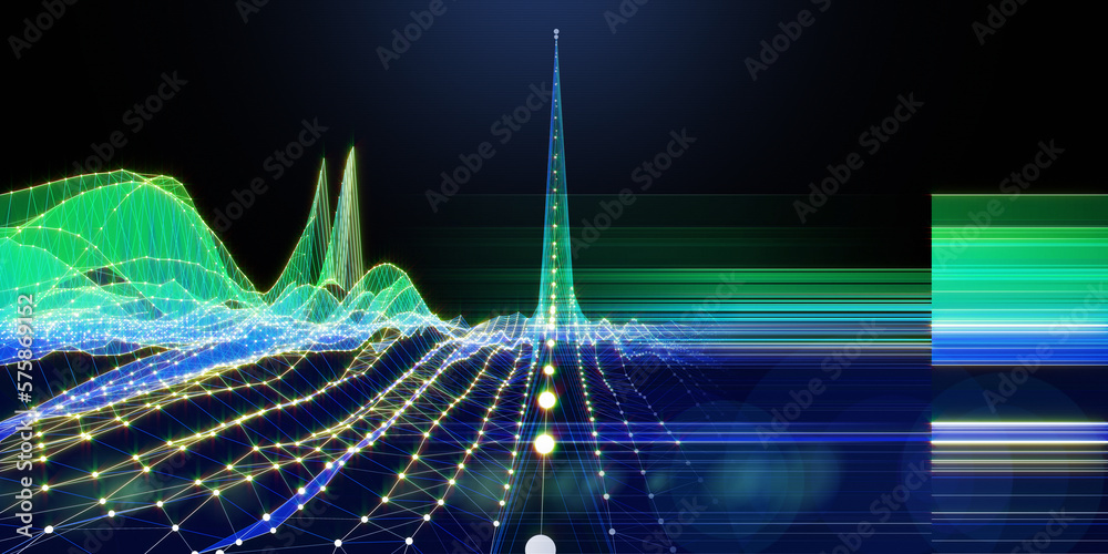 Abstract background with color graph wireframe from glow dots and lines on black. Technology ...