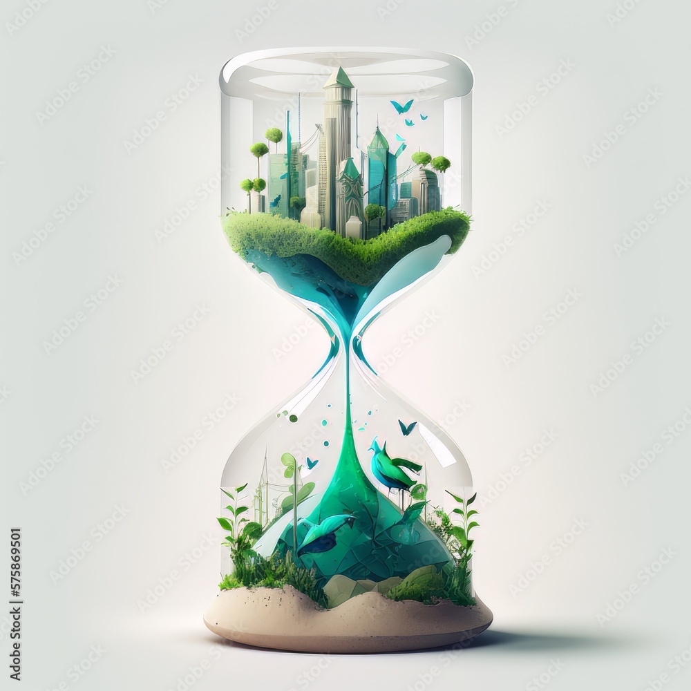 A hourglass with green eco city. Eco-friendly building, climate change ...