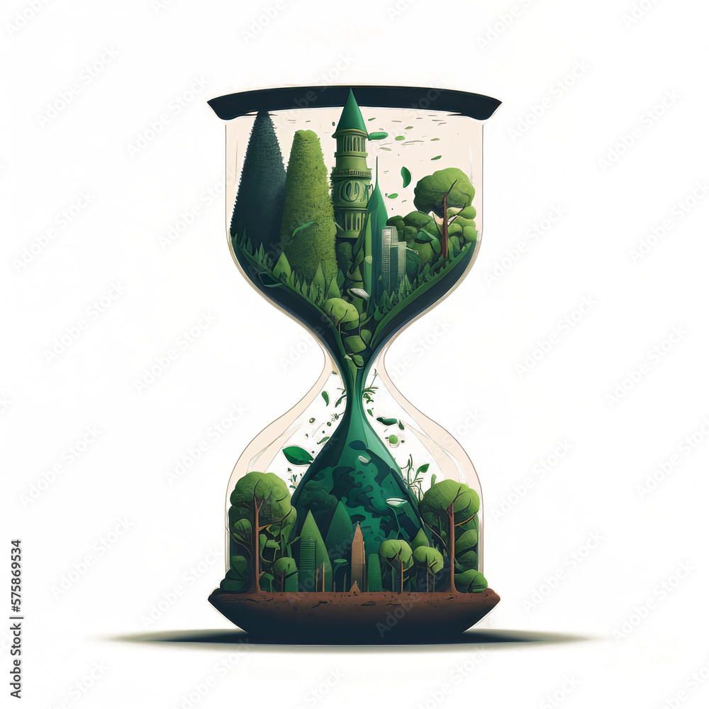 A hourglass with green eco city. Eco-friendly building, climate change ...