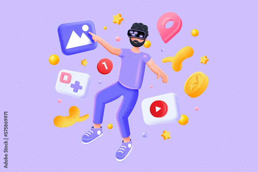 3D cartoon character man wearing virtual reality glasses and floating ...