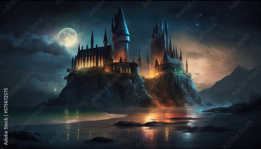 Illustrazione Stock Hogwarts castle in dramatic gothic night scene on ...