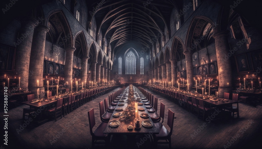 Hogwarts castle school witchcraft wizardry dining room old wizard dark interior fantasy ...