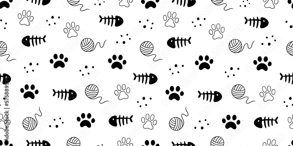 Cat toy, fooprint pattern seamless. Hand drawn sketch doodle kitty cute element on white ...